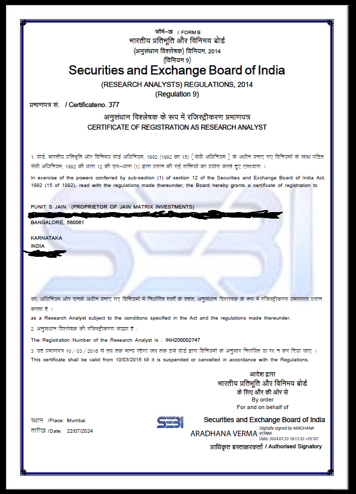 Just received my updated SEBI-RA certificate – JainMatrix Investments